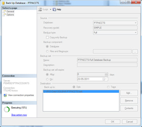 How to backup the SQl database for PTP Accounts Production