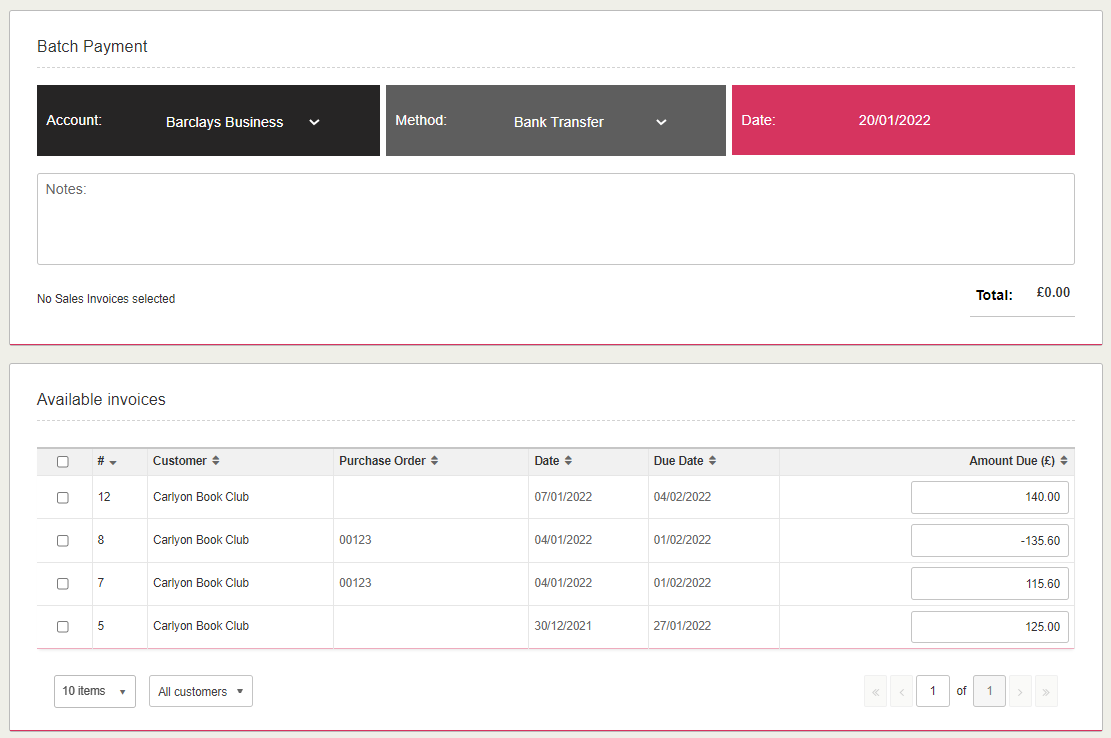 Record a multiple invoice (batch) payments