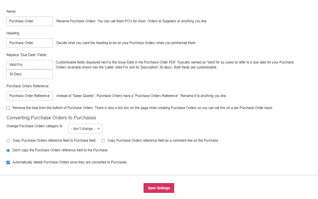 Purchase Order Settings