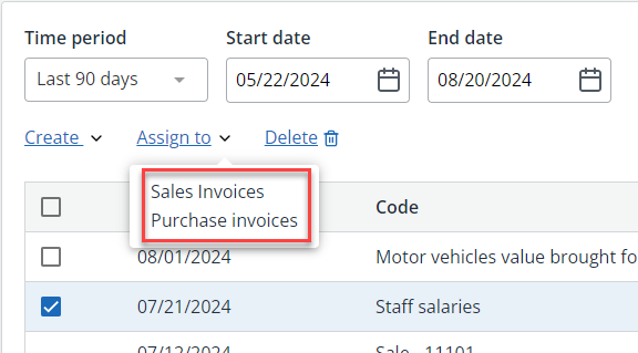 Assign transactions to invoices or purchases