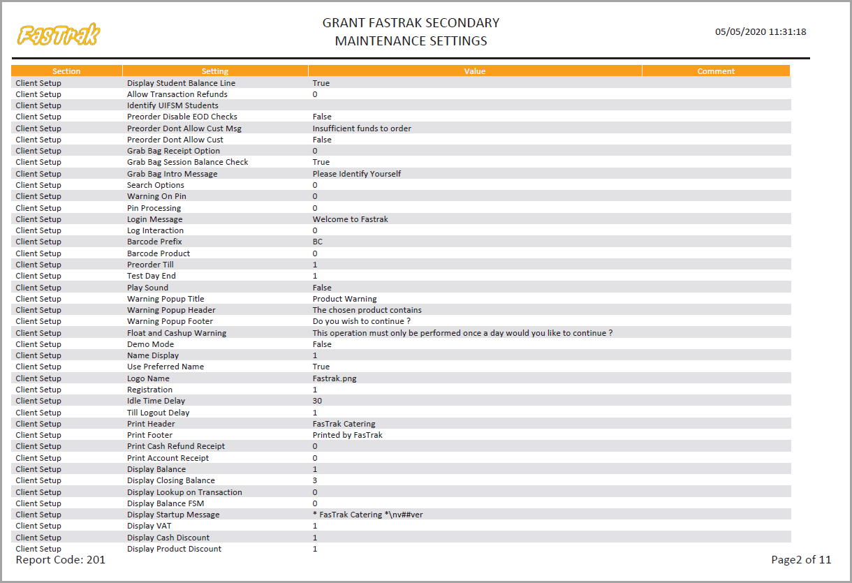 Maintenance Settings Report 201