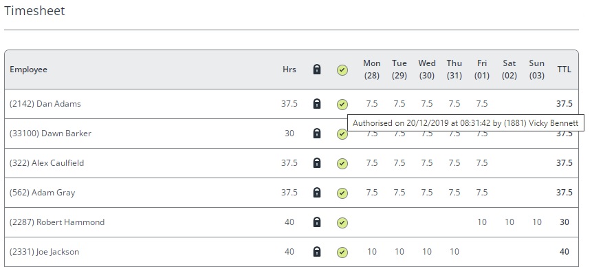 Authorising individual timesheets