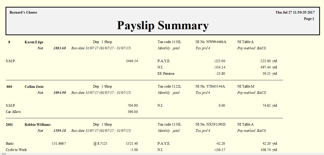 Printing a payslip summary